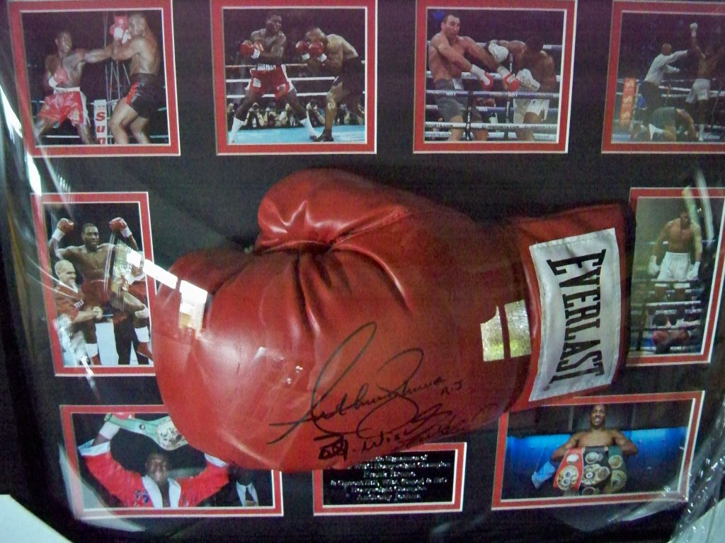 Anthony Joshua and Frank Bruno signed glove presentation - Frank Bruno MBE Anthony Joshua and Frank Bruno signed glove presentation - Frank Bruno MBE
